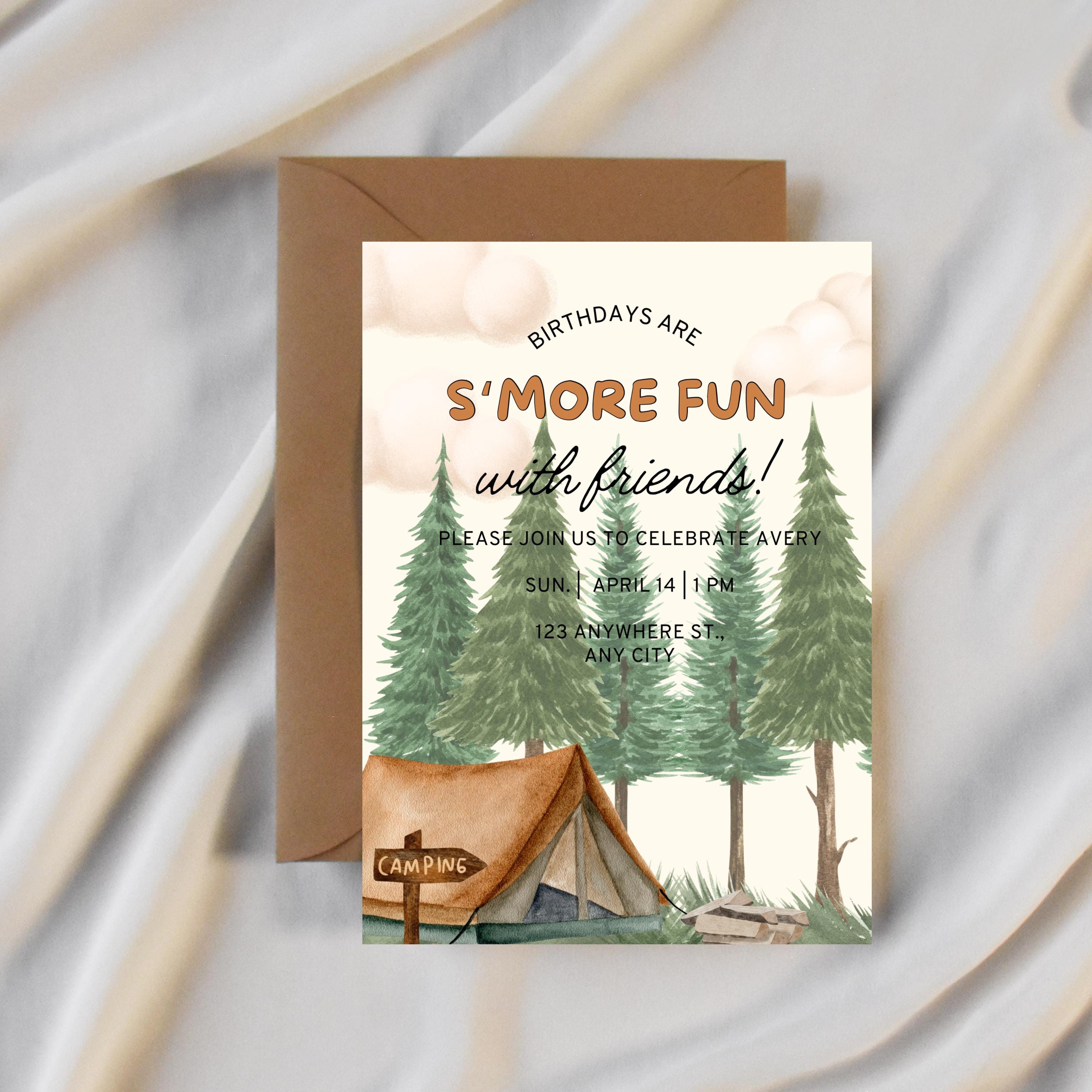 Camping Birthday Party Invitation Editable Campfire Party Invite for a ...