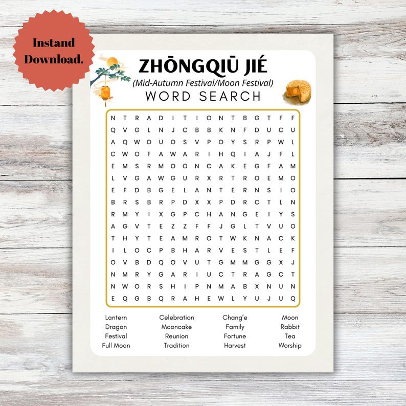 Moon Festival (zhōngqiū Jié / Mid-autumn Festival) Word Search Puzzle ...