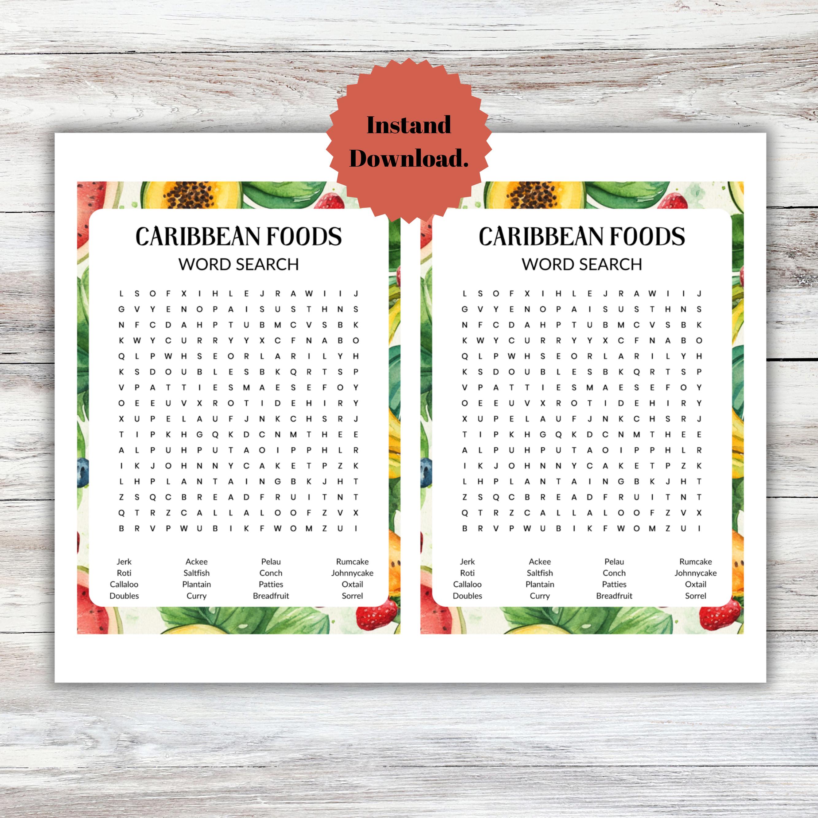 Caribbean Foods Word Search Puzzle Printable | Fun Educational Game ...