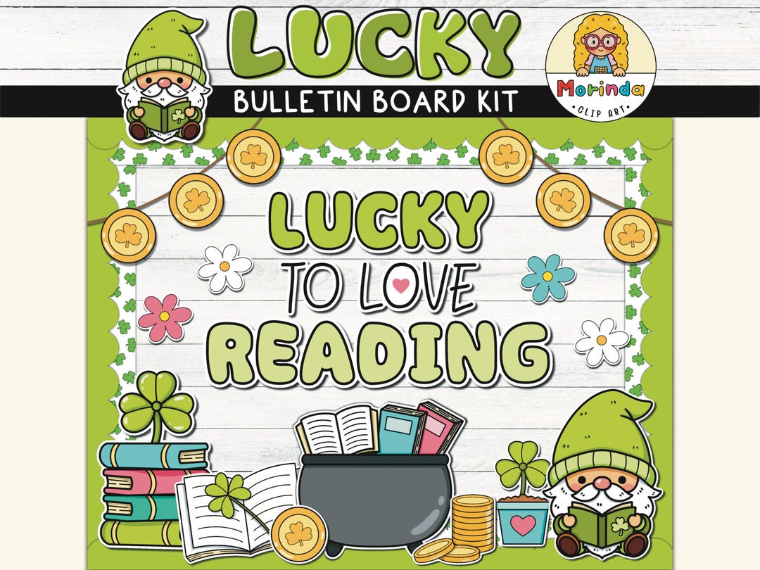 St. Patrick's Day Reading Bulletin Board Kit | Gnome, Shamrock, Books ...