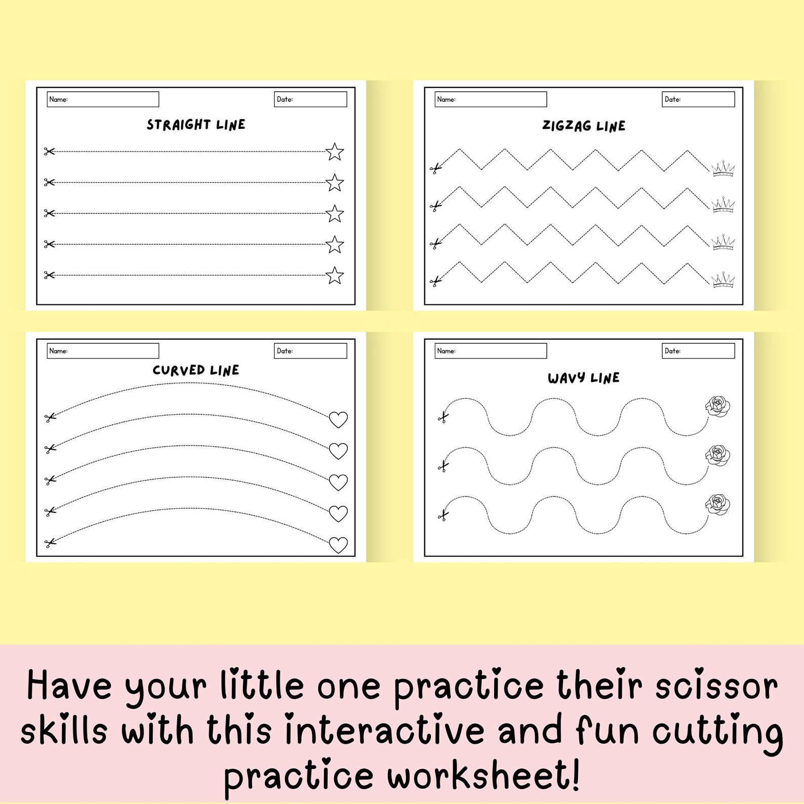 Scissor Skill Cutting Practice Worksheet for Preschool, Toddler Cut ...