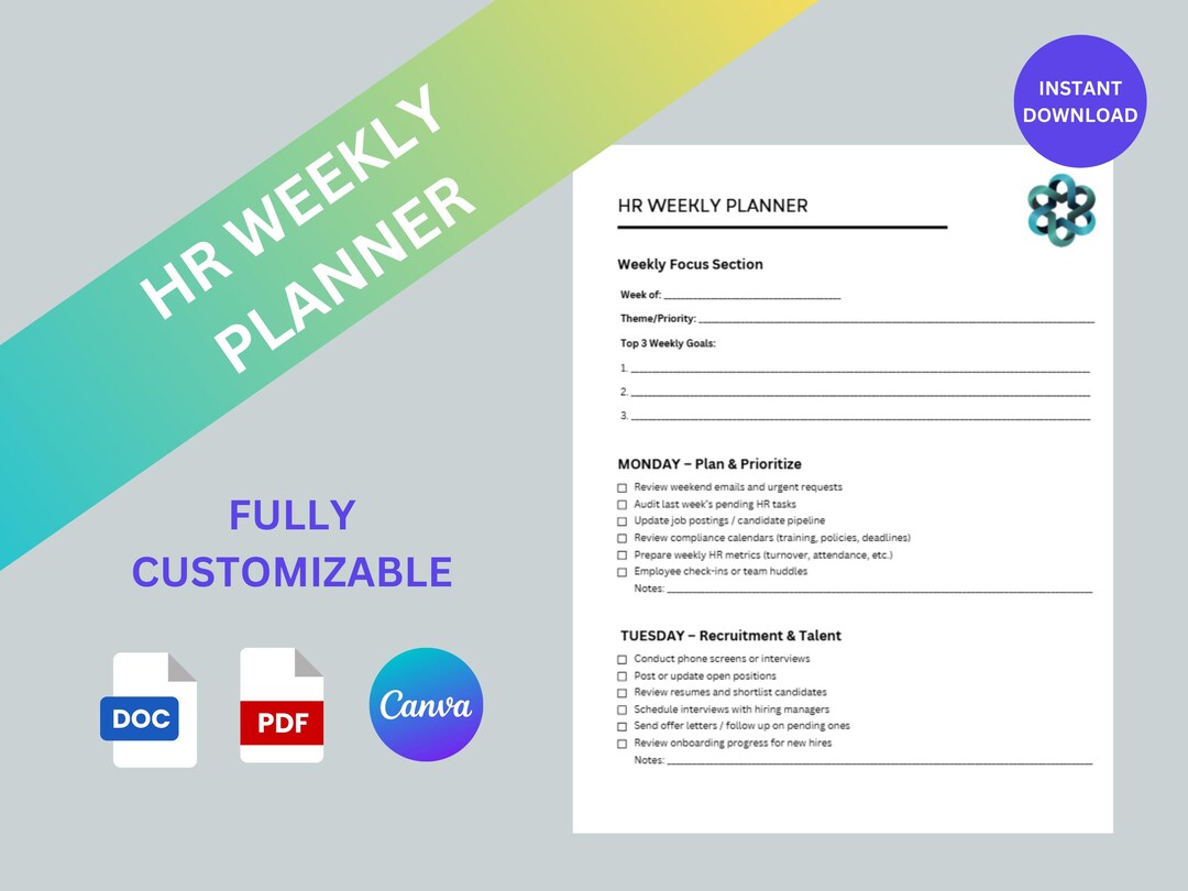 HR Weekly Planner Checklist, Editable HR Management Tool (PDF) - Etsy