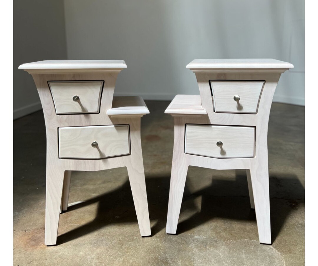 Set of 2 Whitewash Driftwood Stain Curved End Tables Handmade Wood Side ...