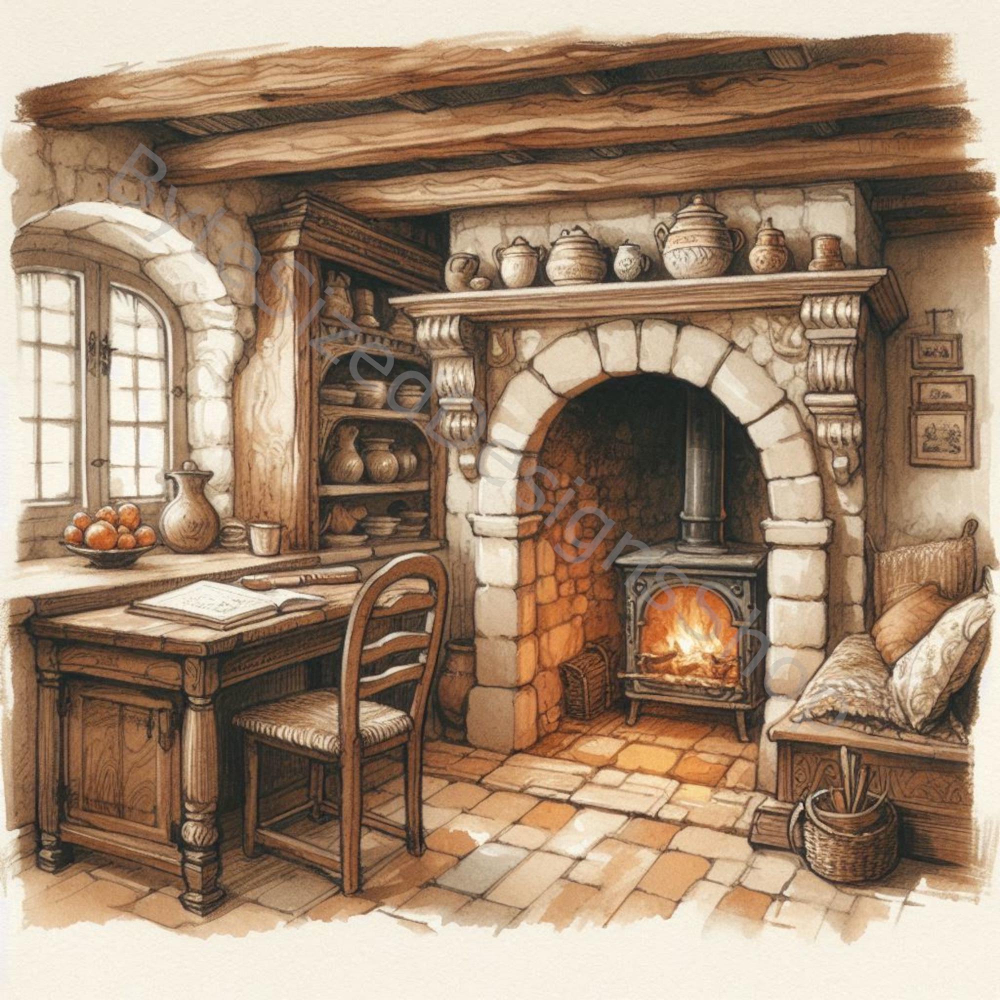 Rustic Kitchen Fireplace Clip Art: Watercolor Jpgs (digital Download ...
