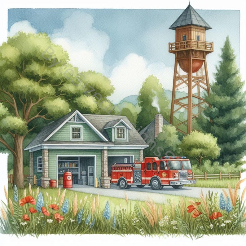 Fire Station Clip Art Set 10 High Res Watercolor Jpgs for Junk ...
