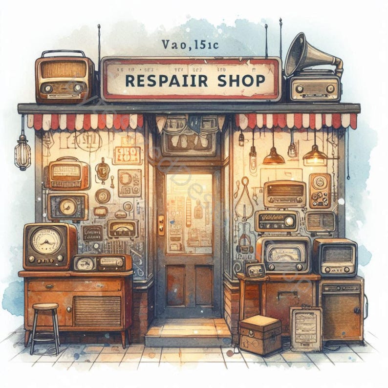 Retro Radio Repair Shop Clip Art Set 10 High Res Watercolor Jpgs for ...