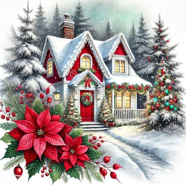 Watercolor Christmas House Clip Art: Holiday Scrapbooking (digital ...