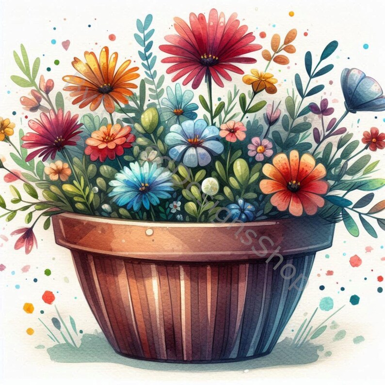 Flowers in Pot Clip Art Set 10 High Res Watercolor Jpgs for Junk ...