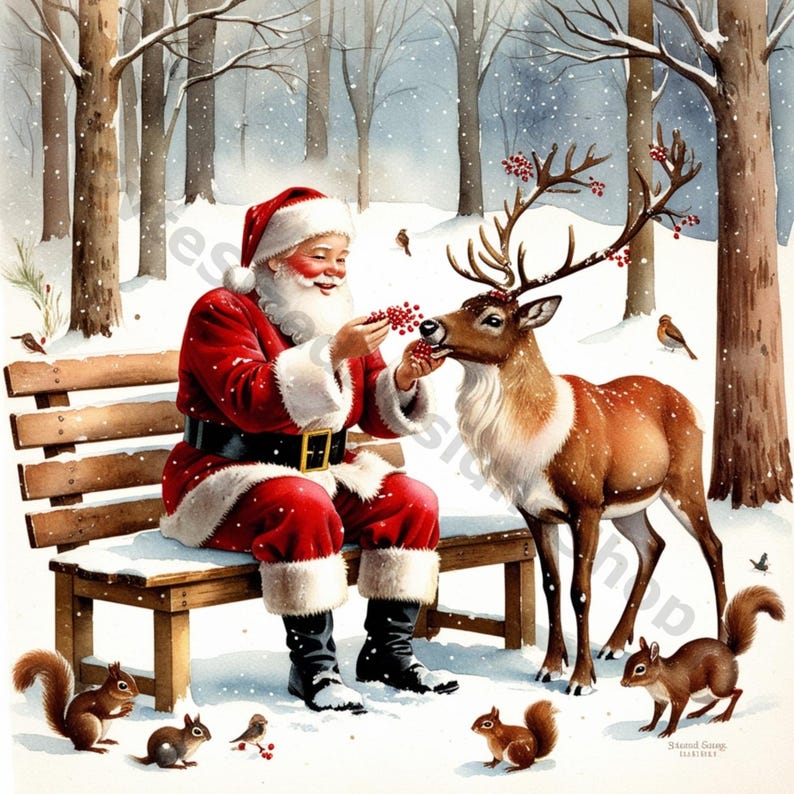 Santa Claus & Animals Watercolor Clipart: Christmas Jpgs (digital ...