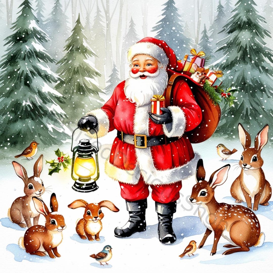 Santa Claus & Animals Watercolor Clipart: Christmas Jpgs (digital ...