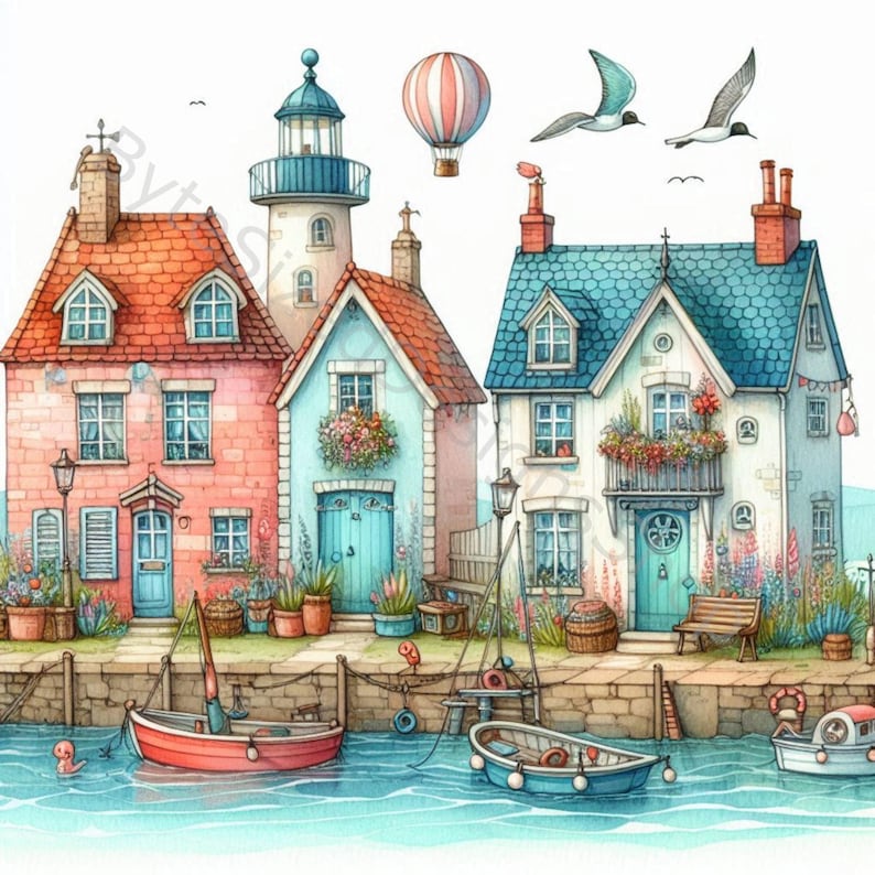 Seaside Cottage Watercolor Clipart: Junk Journal & Scrapbook Art ...