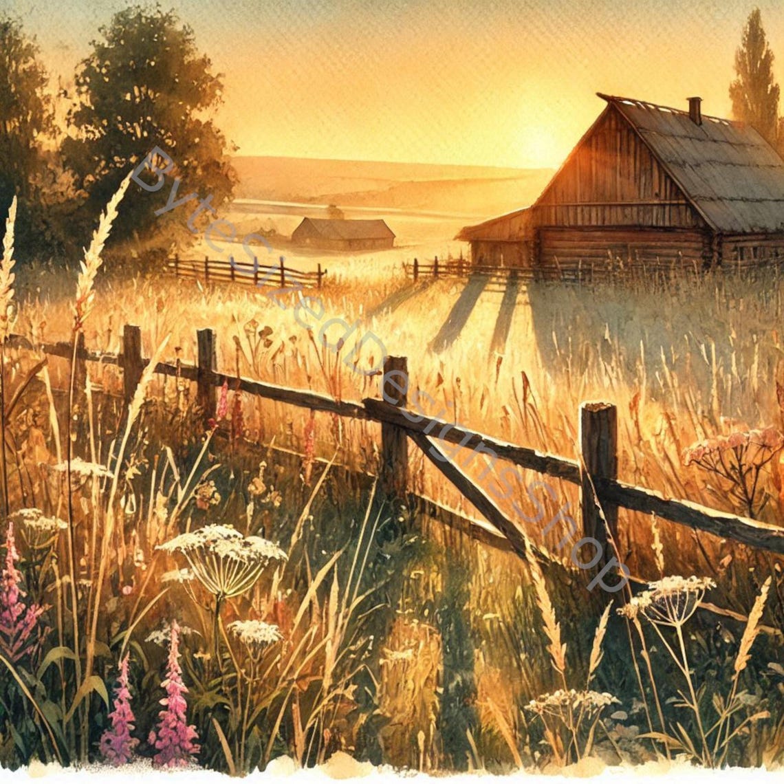 Watercolor Landscape Clip Art: Rustic Cottagecore Scenes (digital ...