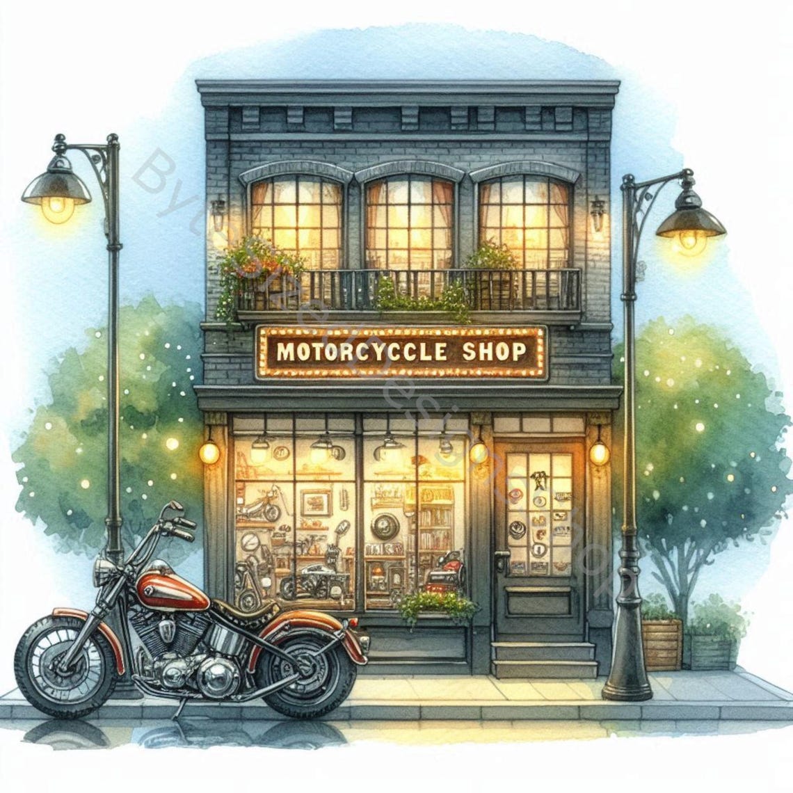 Motorcycle Shop Watercolor Clip Art: Retro Scooter Designs (digital ...