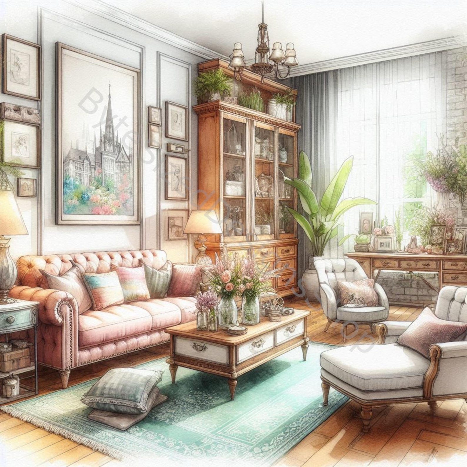 Shabby Chic Living Room Watercolor Clipart Set (digital Download) - Etsy