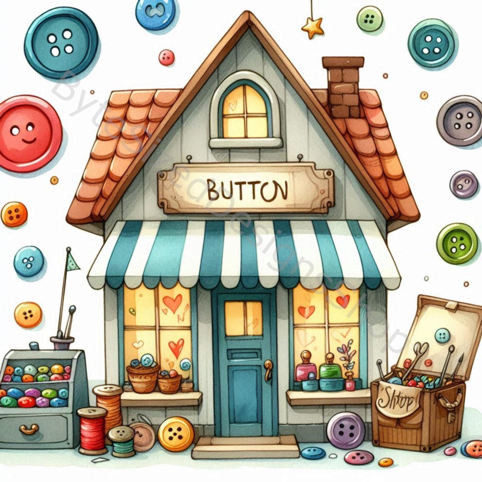Button Shop Watercolor Clipart: High-res Jpgs (digital Download) - Etsy