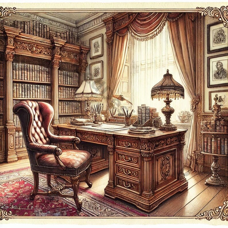 Victorian Study Room Clip Art: Watercolor Junk Journal Images (digital ...