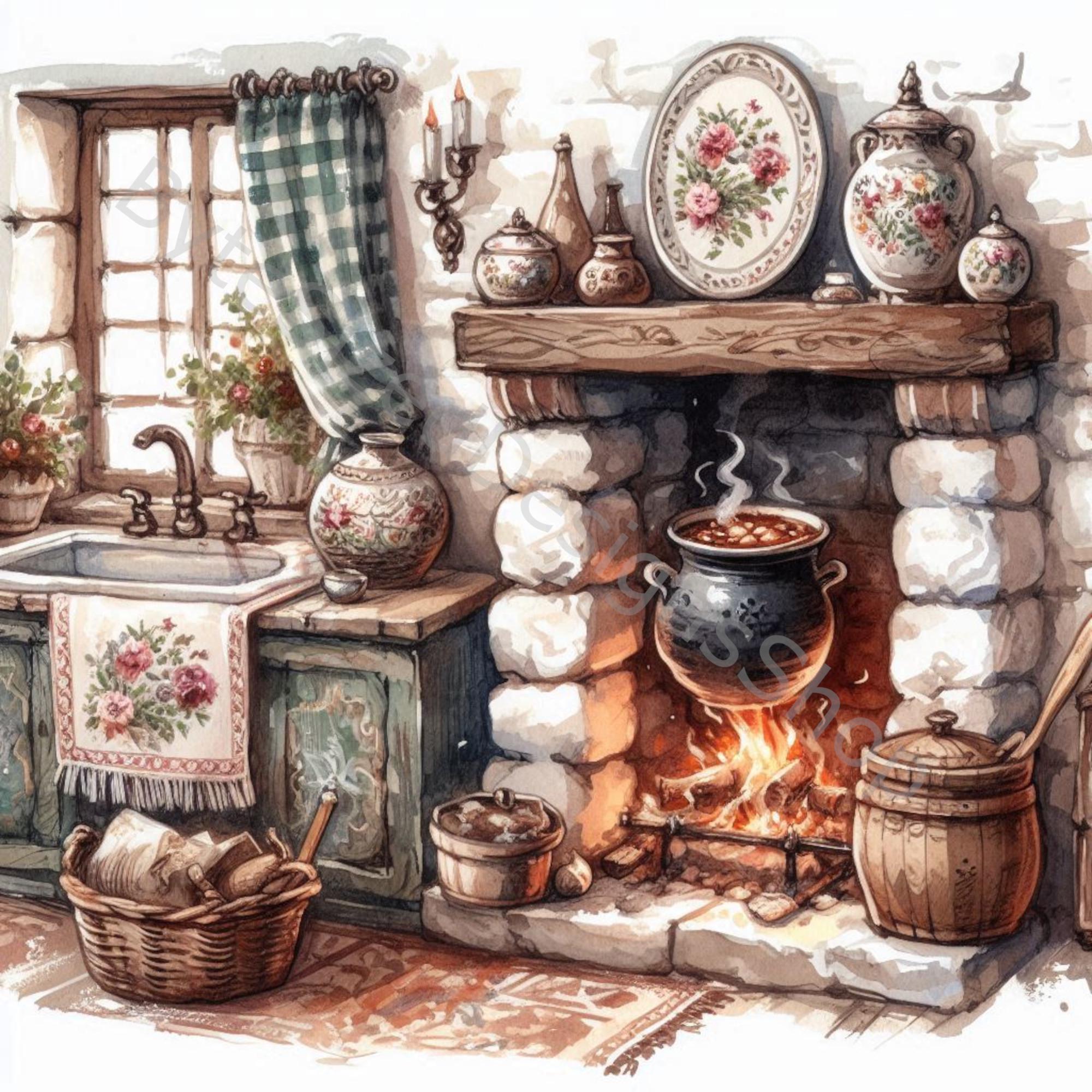 Rustic Kitchen Fireplace Clip Art Set 10 High Res Watercolor Jpgs for ...