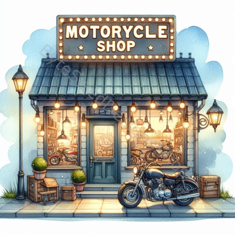 Motorcycle Shop Watercolor Clip Art: Retro Scooter Designs (digital ...