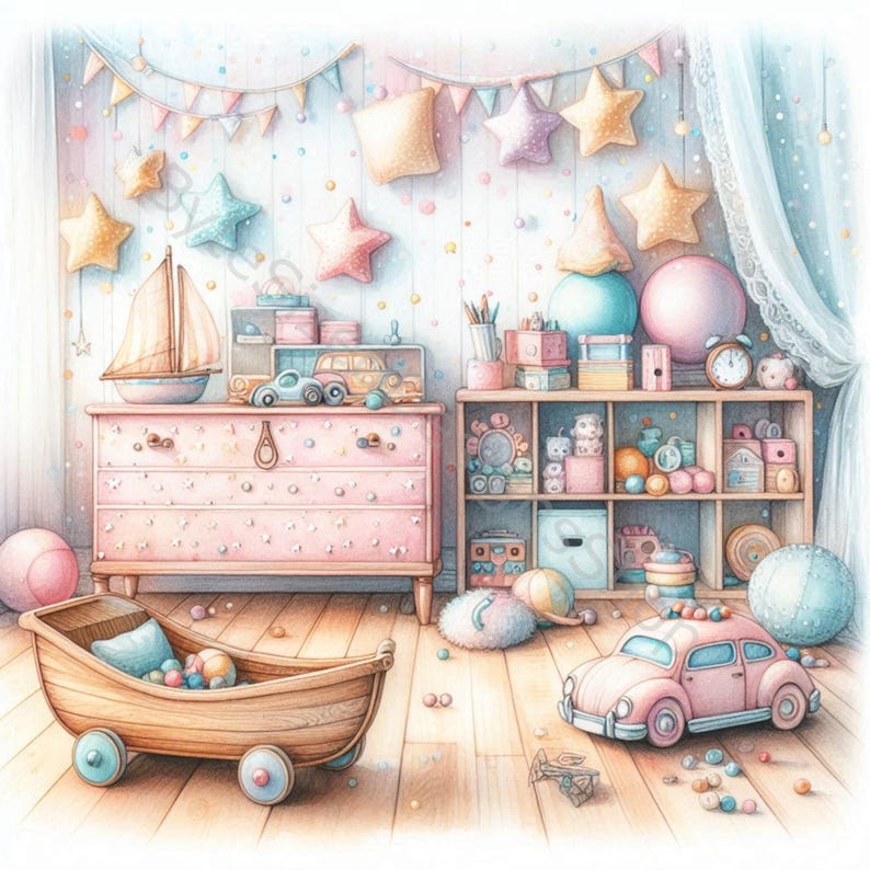 Toy Room Watercolor Clipart: Whimsical Nursery Art (digital Download ...