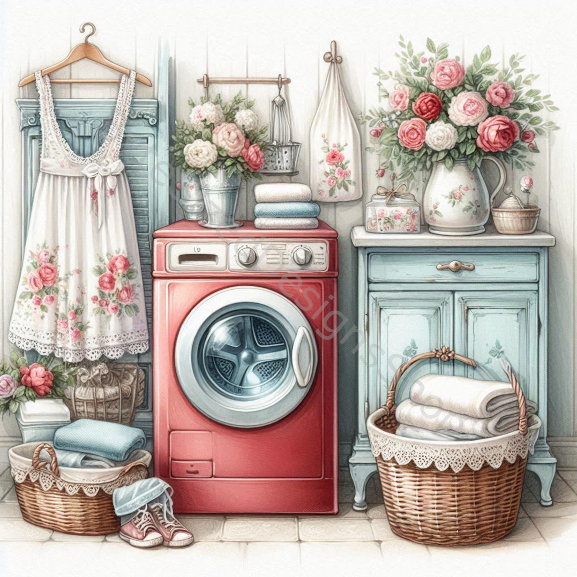 Red Laundry Room Watercolor Clipart: Junk Journal & Scrapbook (digital ...