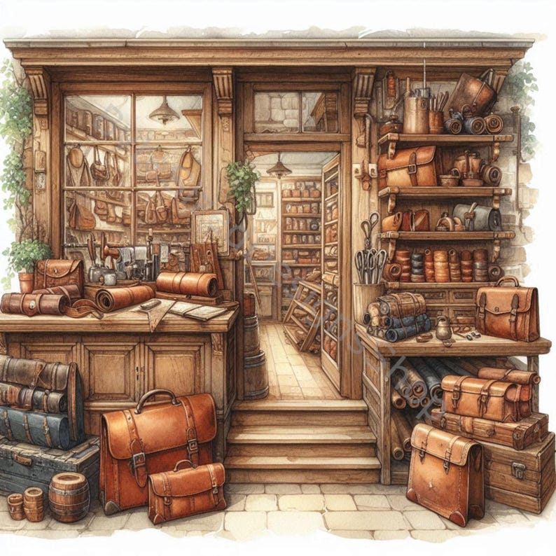 Vintage Leather Shop Clip Art Set 10 High Res Watercolor Jpgs for Junk ...