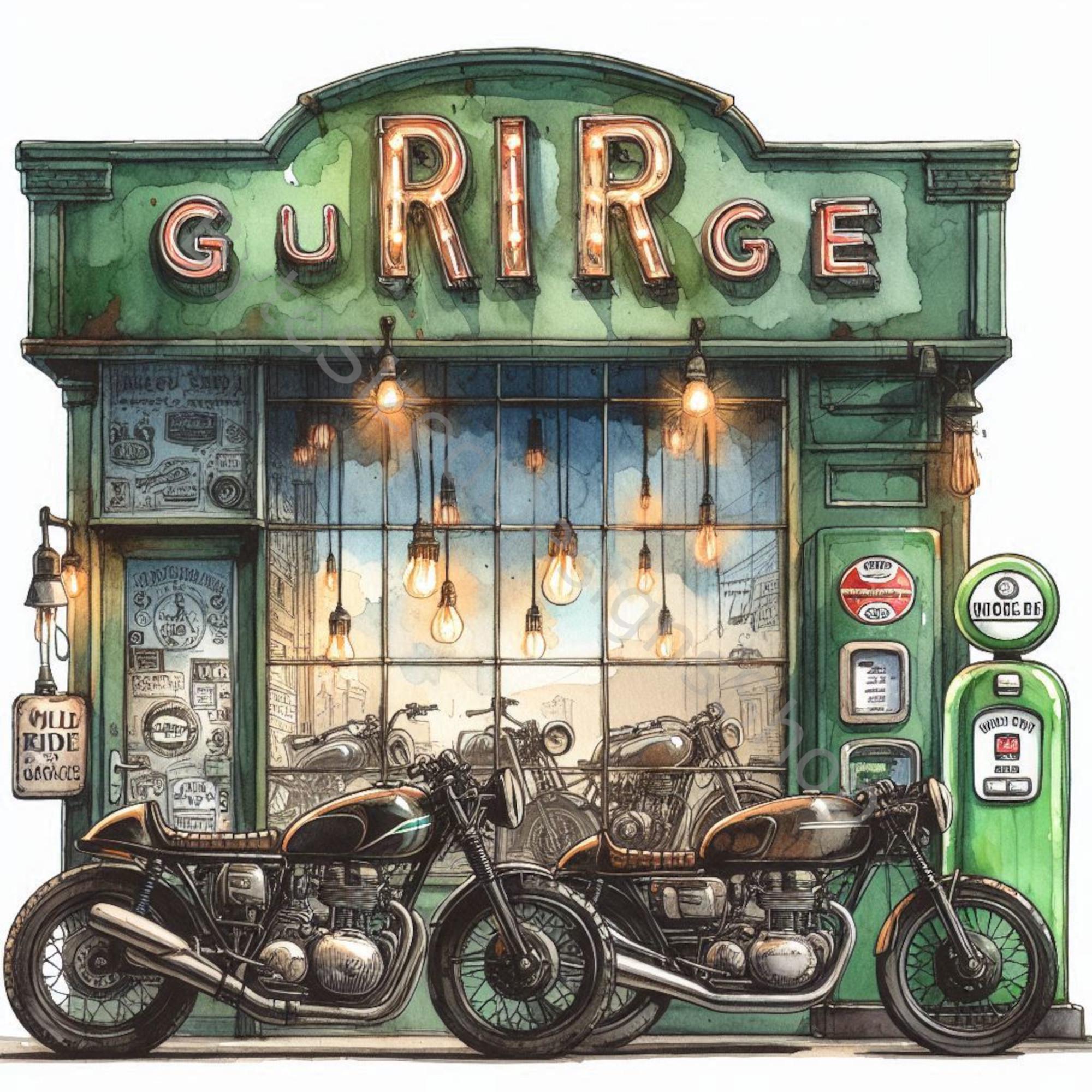 Motorcycle Shop Watercolor Clip Art: Retro Scooter Designs (digital ...