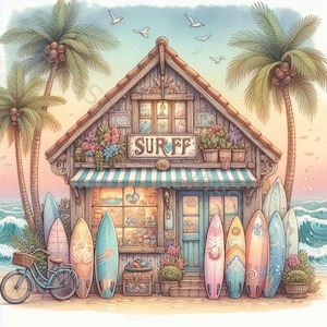 Surf Shop Clip Art Set 10 High Res Watercolor Jpgs for Junk Journaling ...
