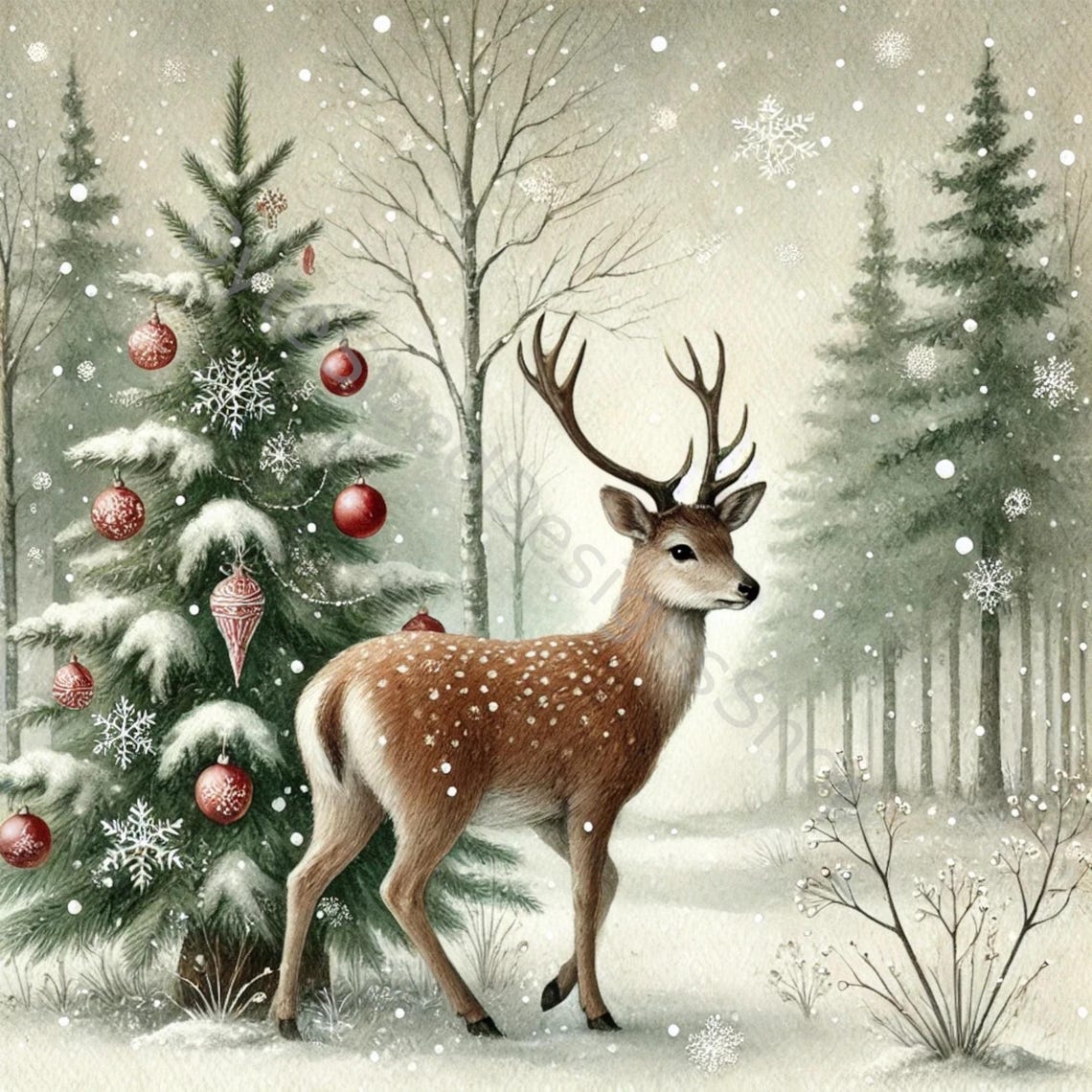 Deer Christmas Clip Art: Watercolor Winter Forest (digital Download) - Etsy