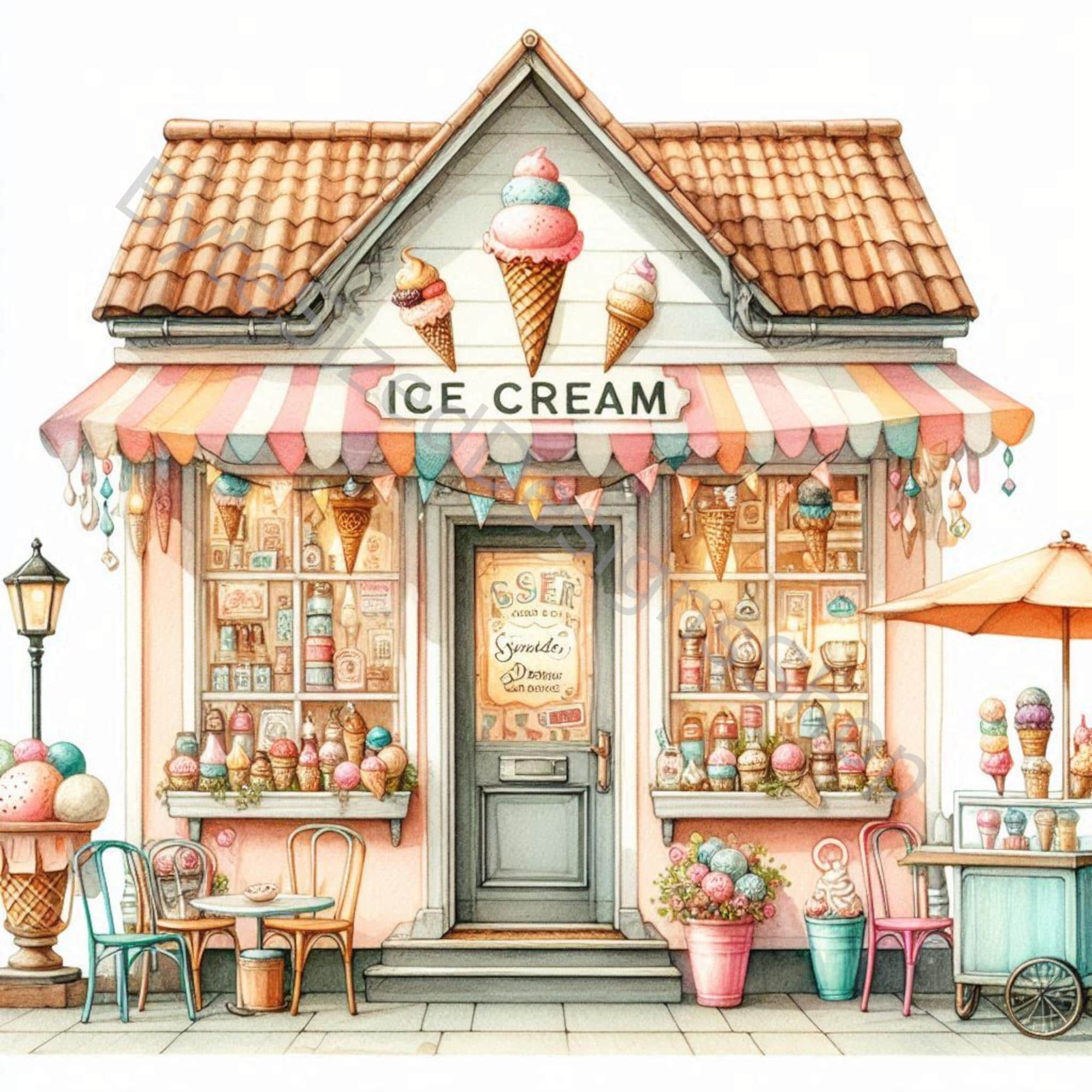 Ice Cream Shop Clip Art: Watercolor Junk Journal Images (digital ...