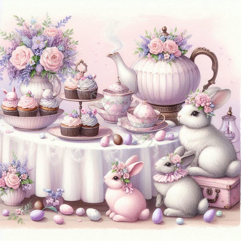 Easter Tea Party Watercolor Clip Art: Bunny, Floral (digital Download ...