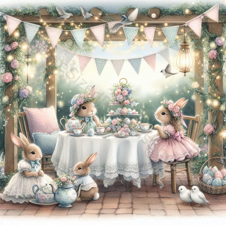 Easter Tea Party Watercolor Clip Art: Bunny, Floral (digital Download ...