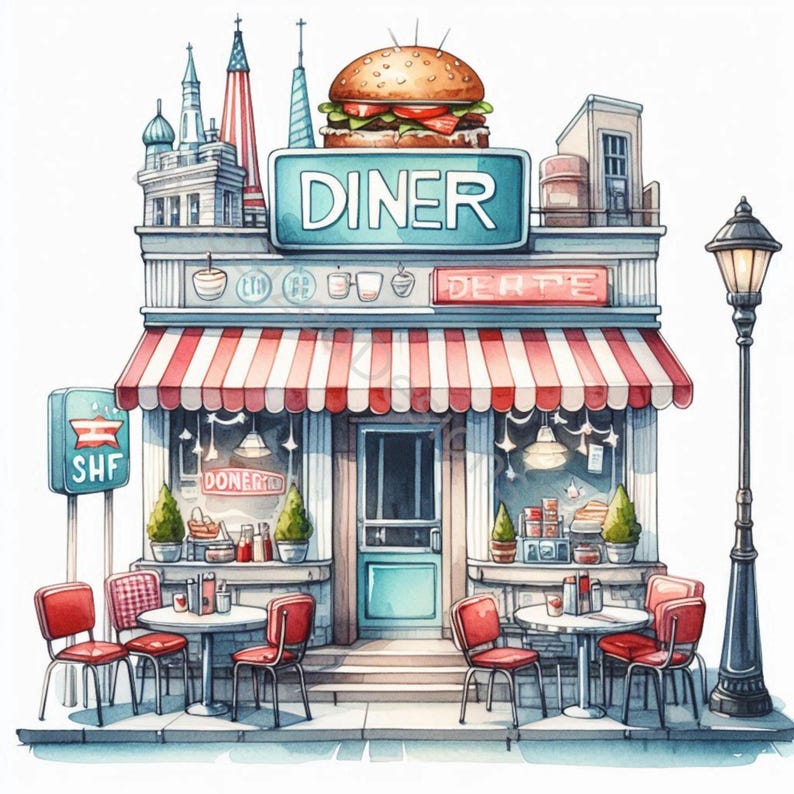 Diner Clip Art Set: Watercolor Restaurant Images (digital Download) - Etsy