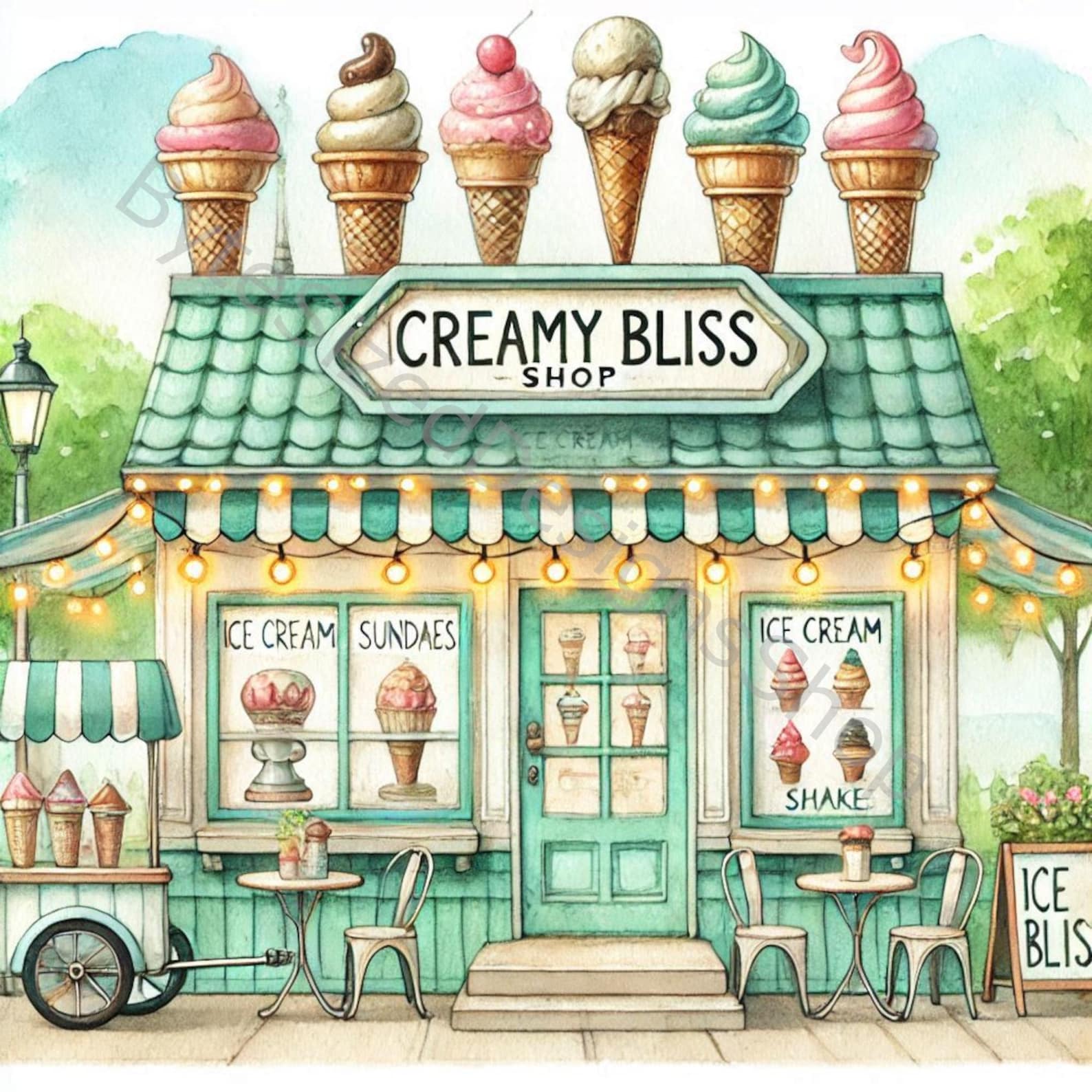 Ice Cream Shop Clip Art: Watercolor Junk Journal Images (digital ...