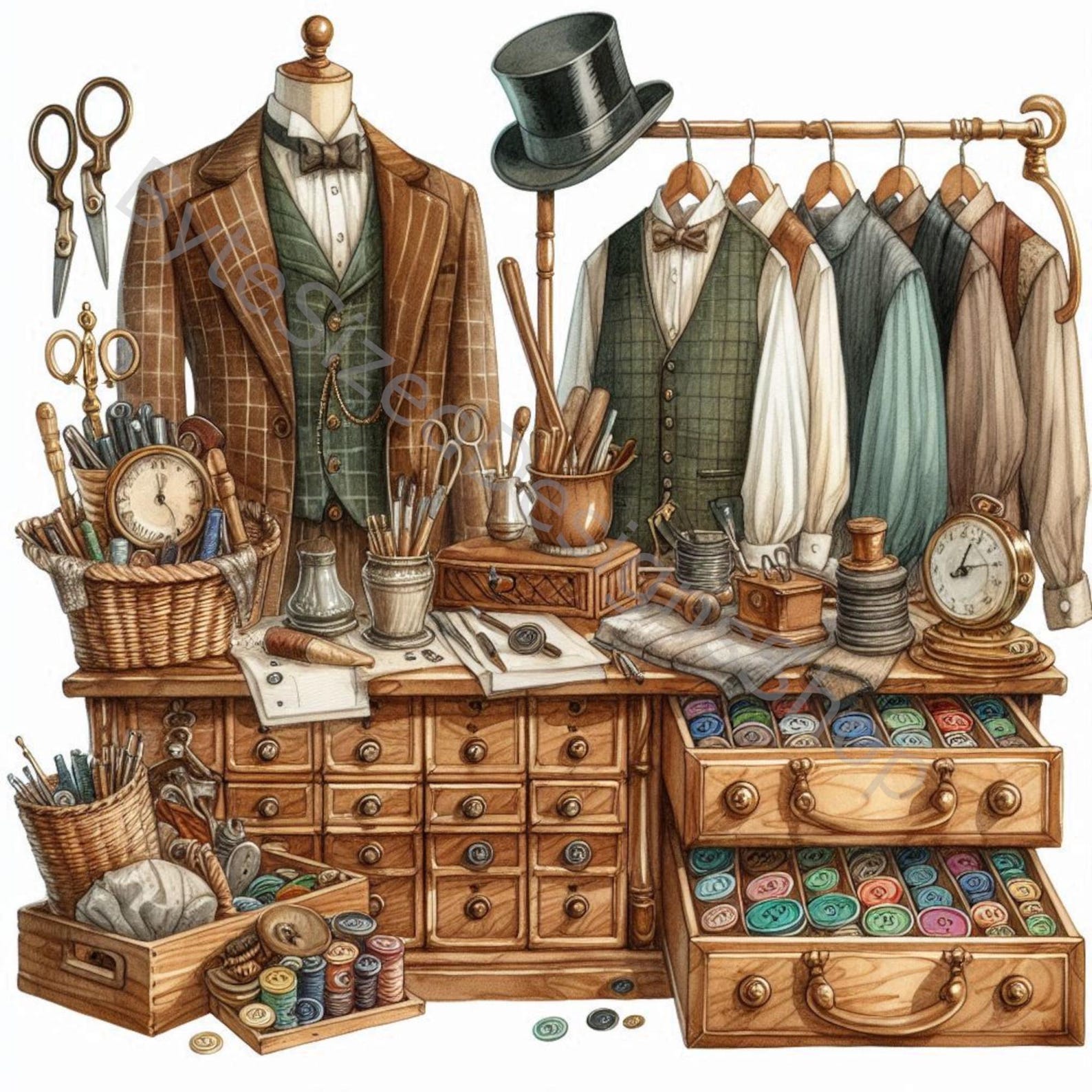 Tailor Room Clip Art: Vintage Watercolor Images (digital Download) - Etsy
