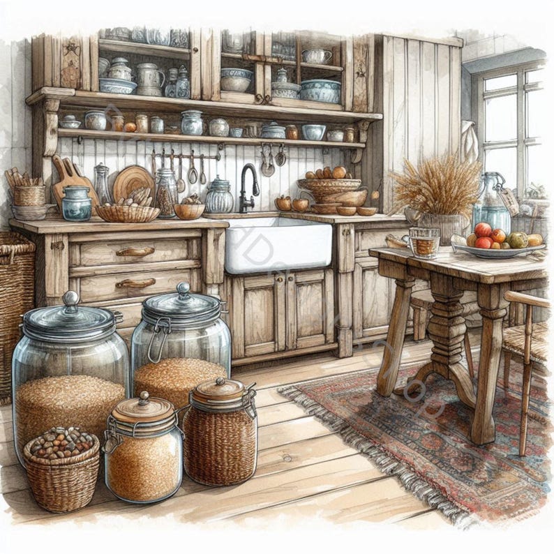 Watercolor Country Kitchen Clip Art: High-res Jpgs (digital Download ...