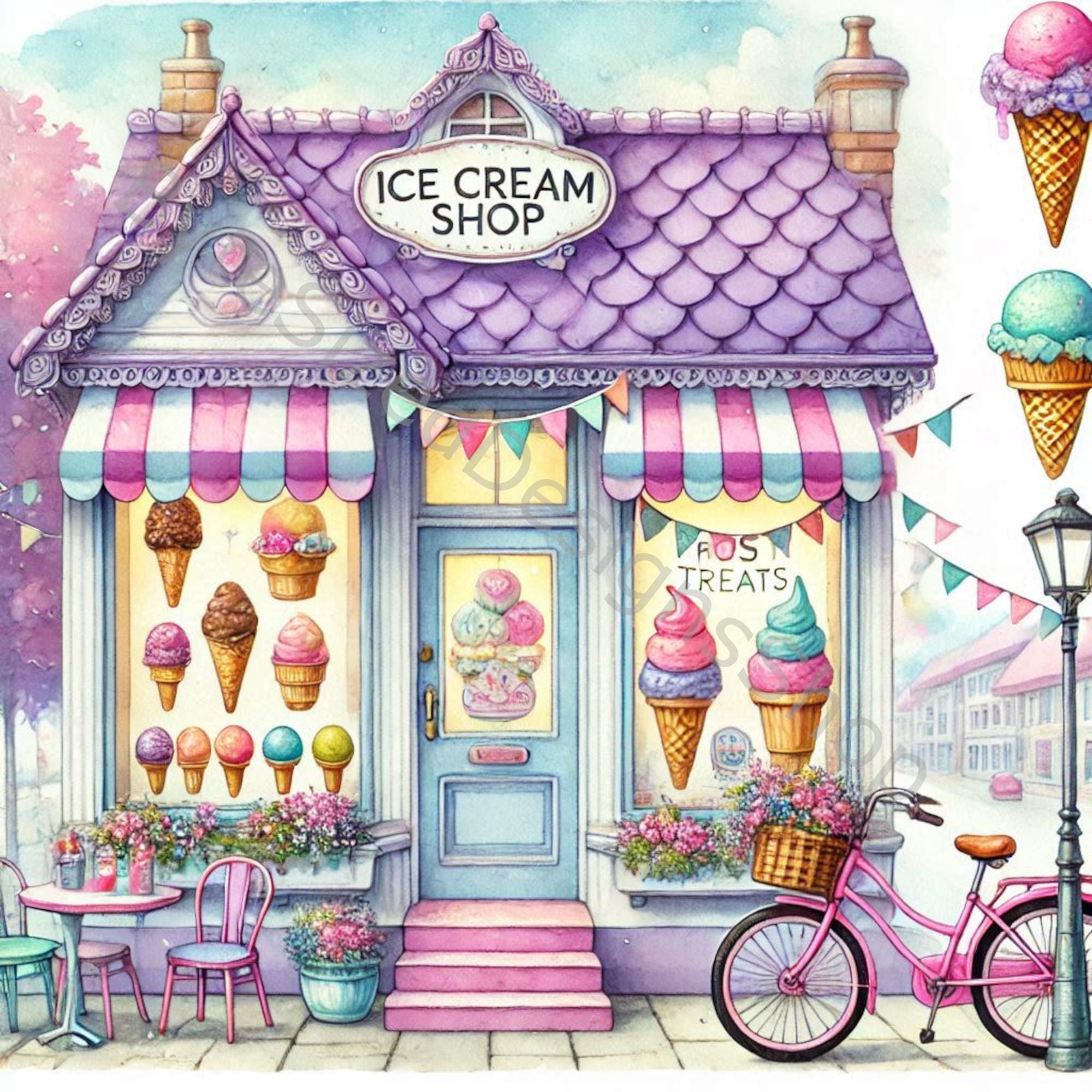 Ice Cream Shop Clip Art: Watercolor Junk Journal Images (digital ...