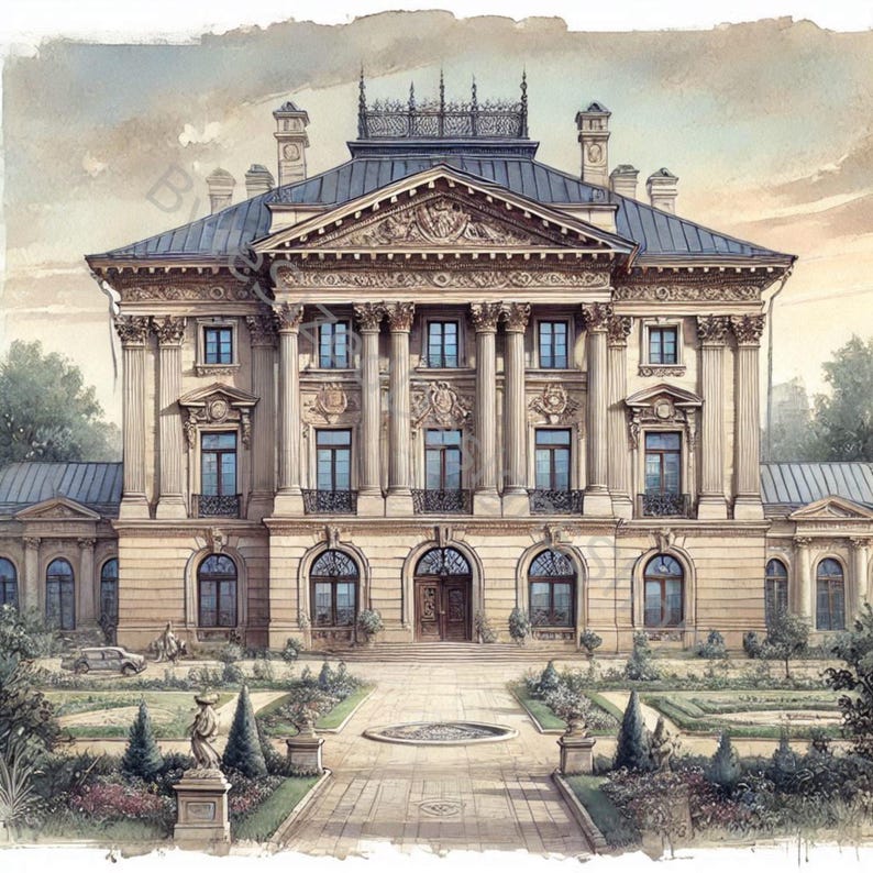 Napoleonic Mansion Watercolor Clipart: High-res Jpgs (digital Download ...