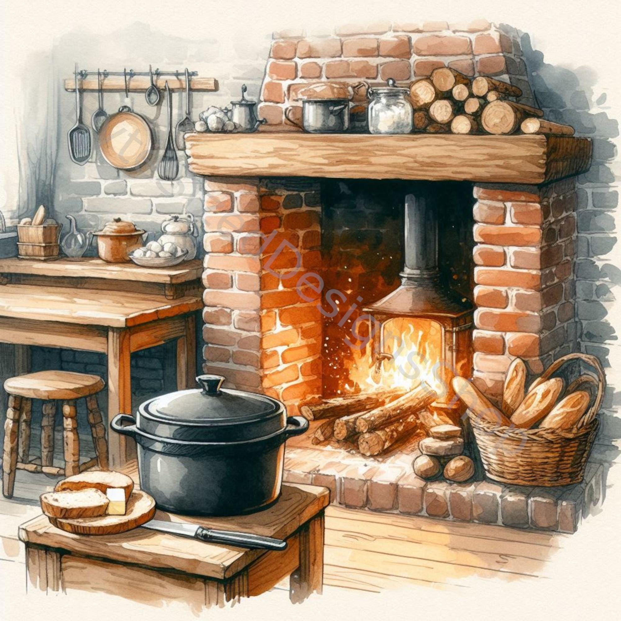Rustic Kitchen Fireplace Clip Art: Watercolor Jpgs (digital Download ...