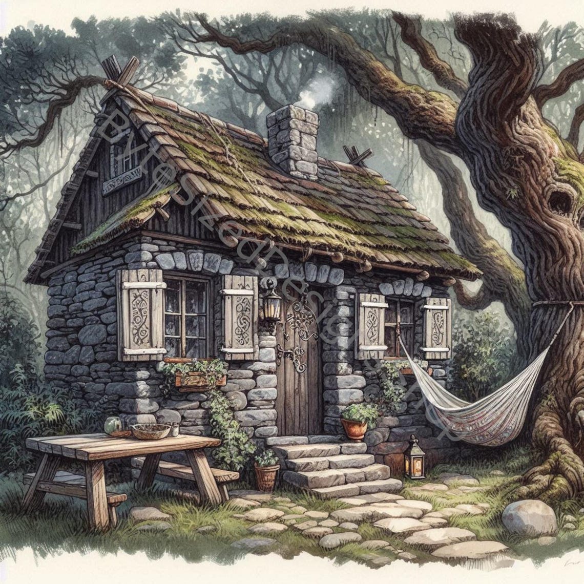 Enchanted Stone Cottage Clip Art: Watercolor House Set (digital ...