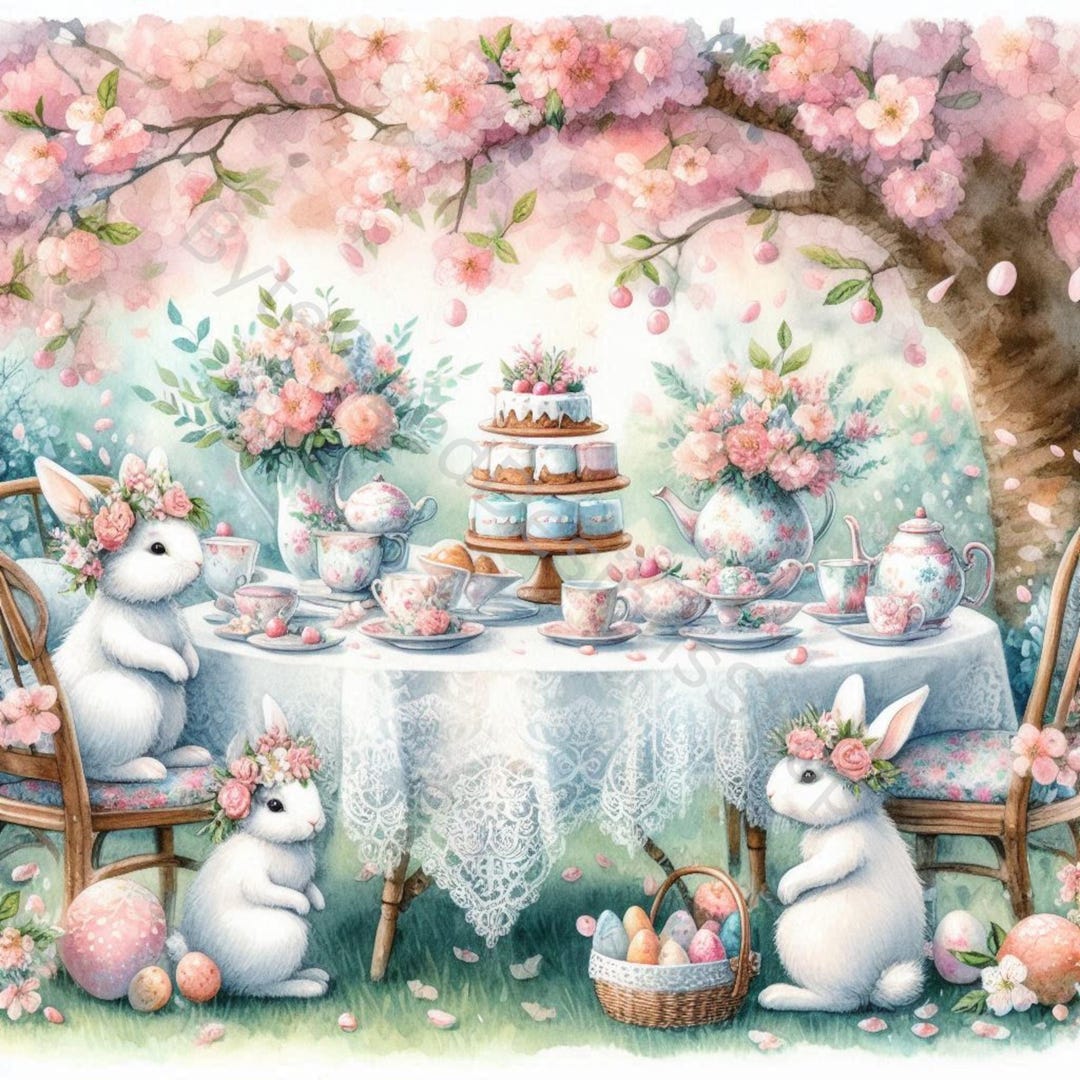 Easter Tea Party Watercolor Clip Art: Bunny, Floral (digital Download ...