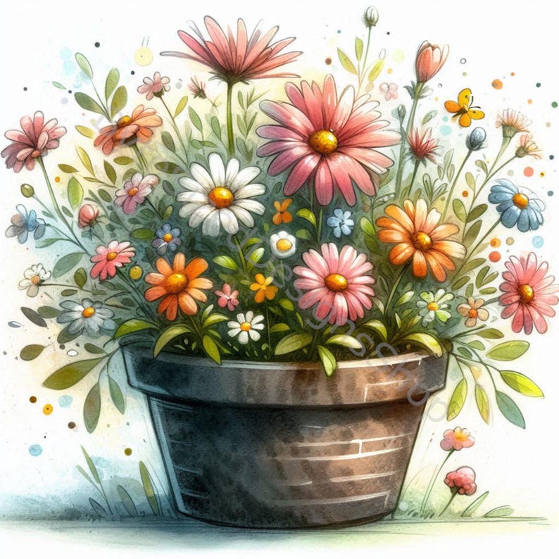 Flowers in Pot Clip Art Set 10 High Res Watercolor Jpgs for Junk ...