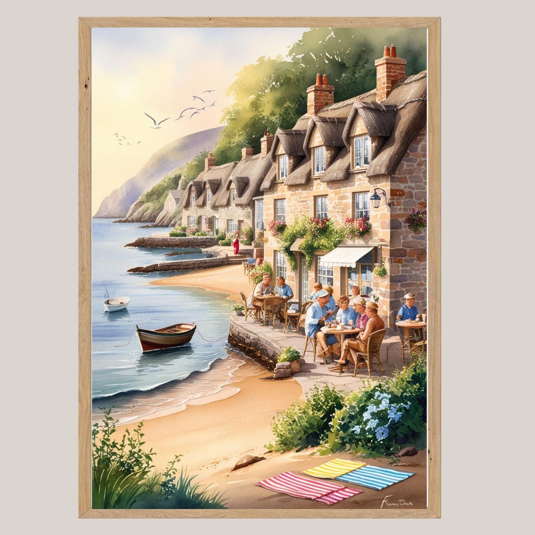 Vintage Seaside Village Print: Cottagecore Beach Scene (digital ...