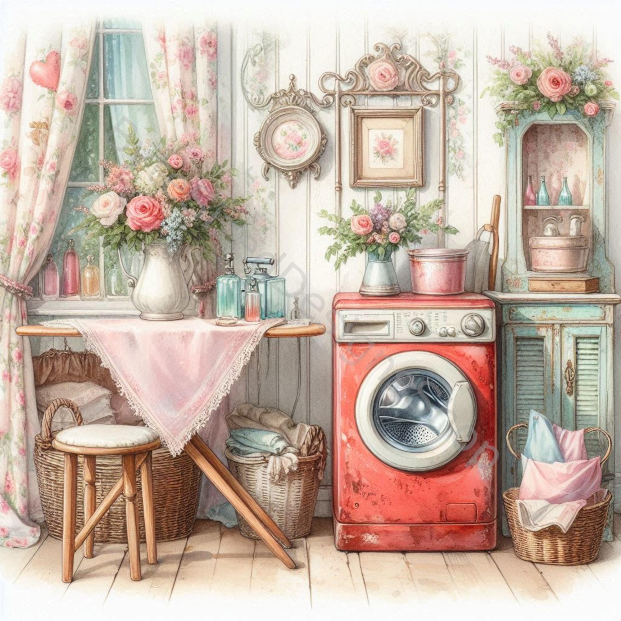 Red Laundry Room Watercolor Clipart: Junk Journal & Scrapbook (digital ...