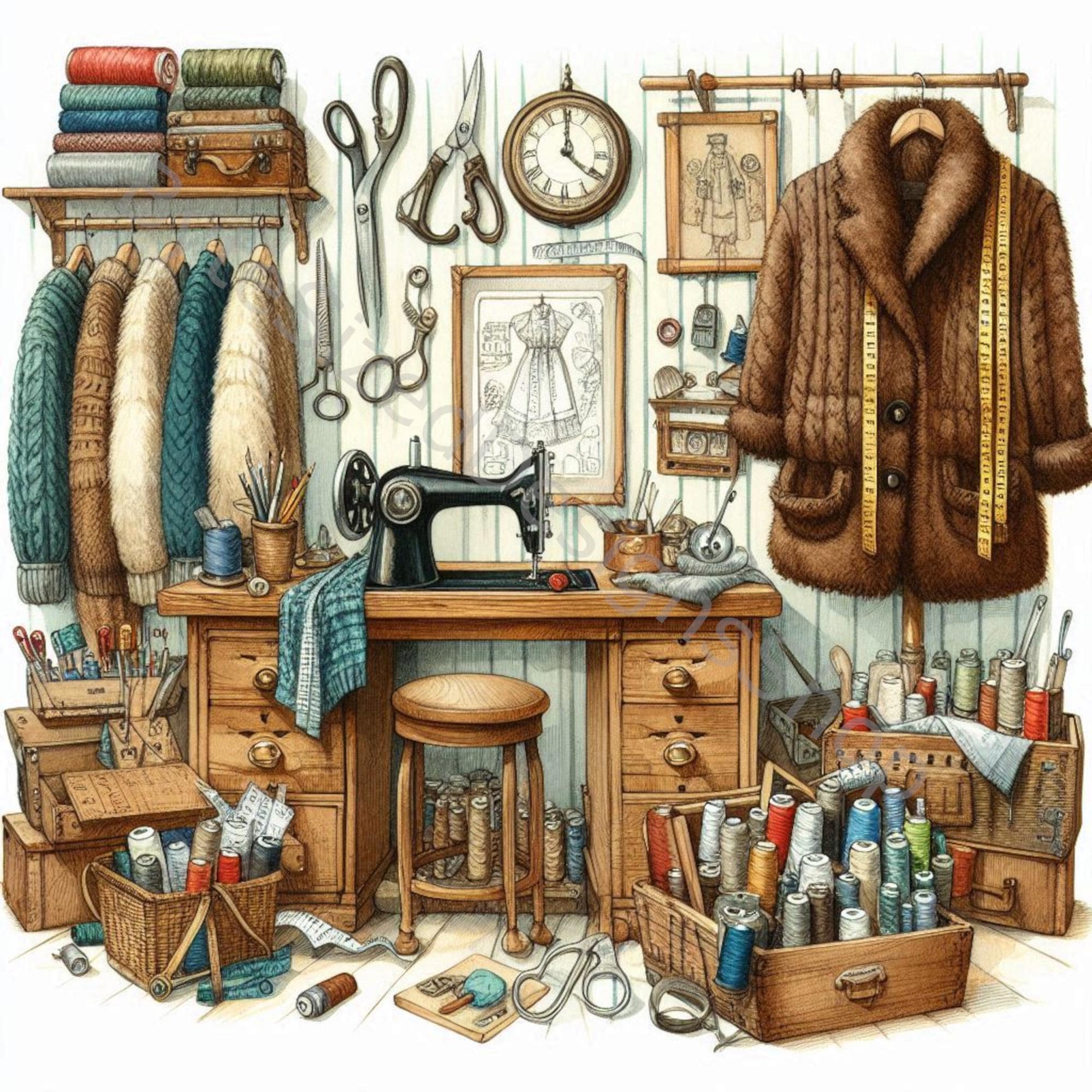 Tailor Room Clip Art: Vintage Watercolor Images (digital Download) - Etsy