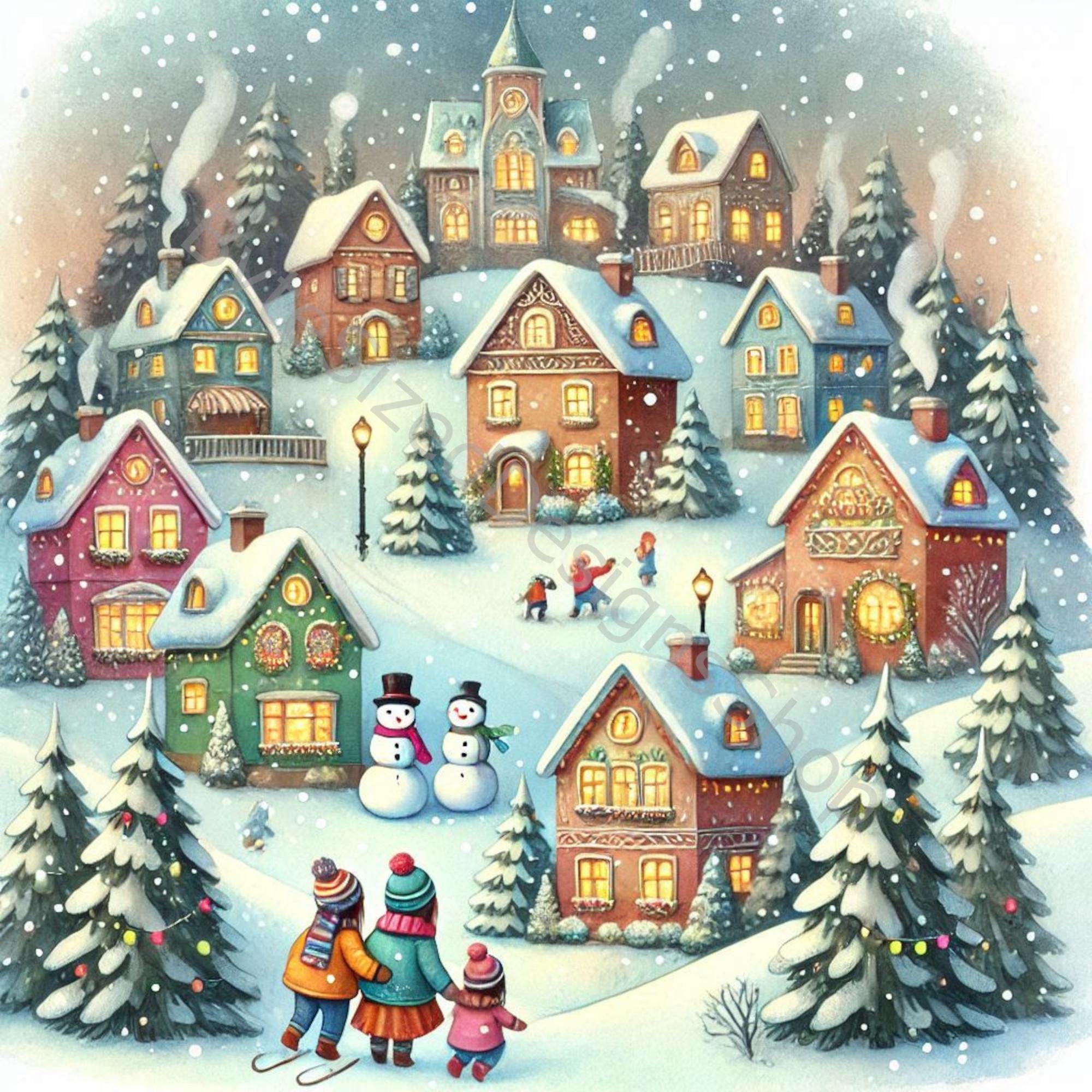 Snowy Hillside Christmas Village Clip Art Set 10 High Res Watercolor ...