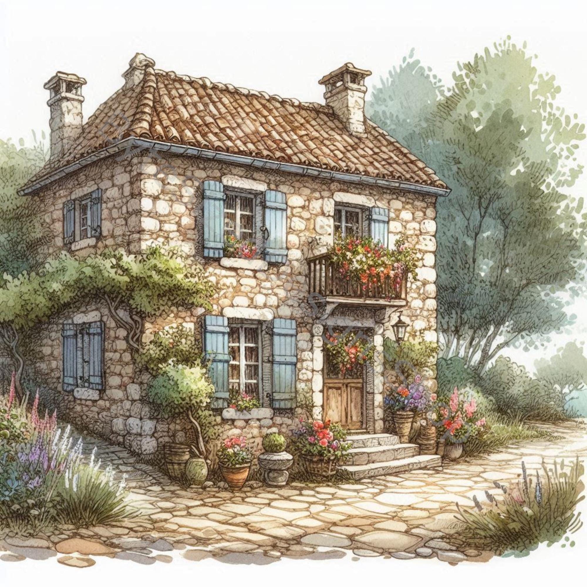 Watercolor Stone Cottage Clip Art: Whimsical JPG Set (digital Download ...