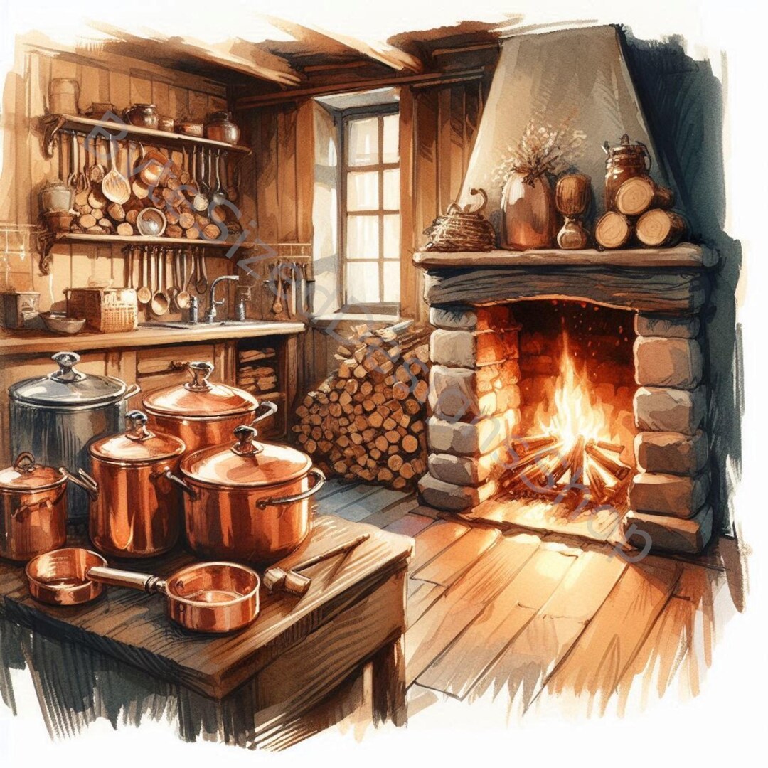 Rustic Kitchen Fireplace Clip Art: Watercolor Jpgs (digital Download ...