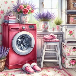 Red Laundry Room Watercolor Clipart: Junk Journal & Scrapbook (digital ...