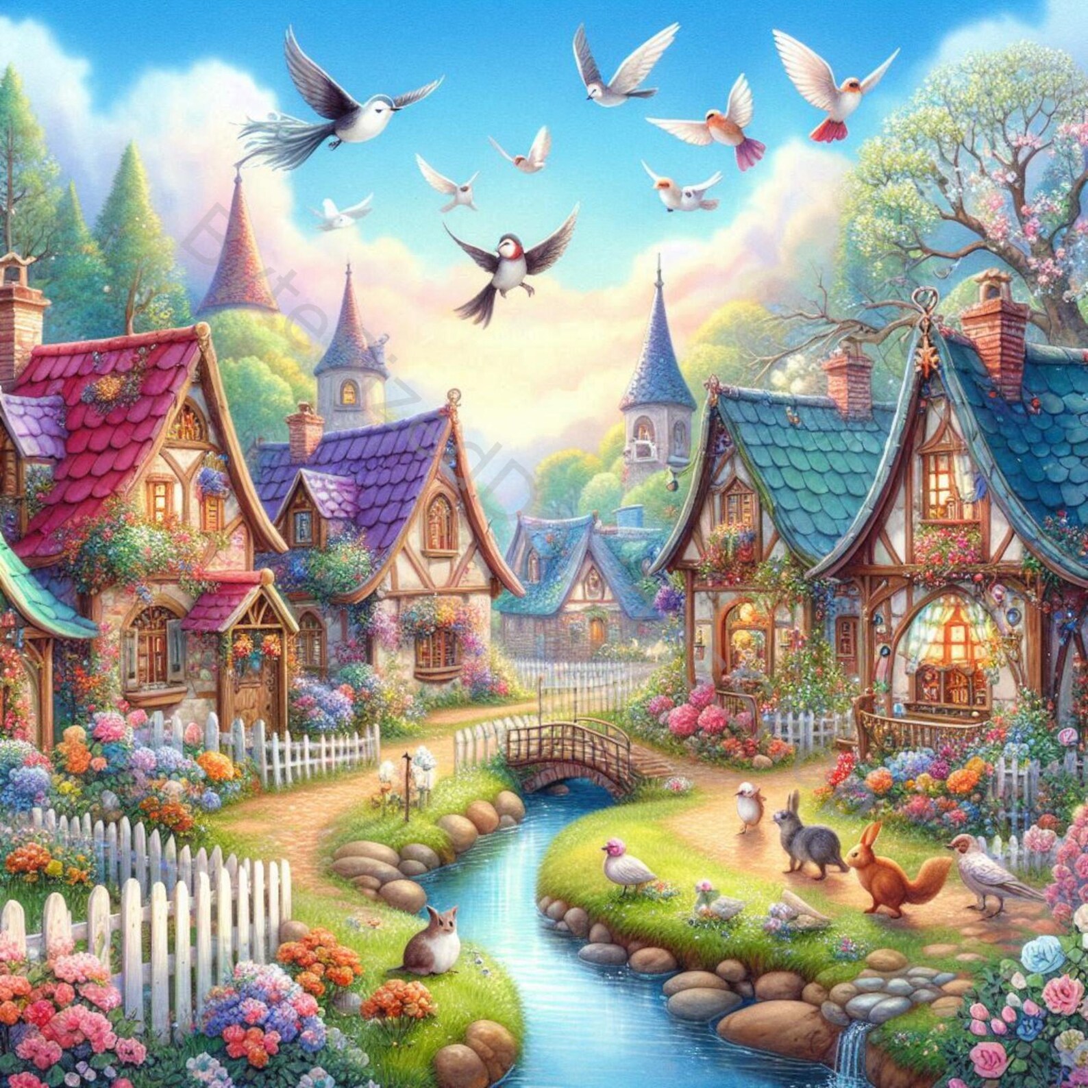 Fairy Tale Village Clip Art: Watercolor Cottagecore Images (digital ...