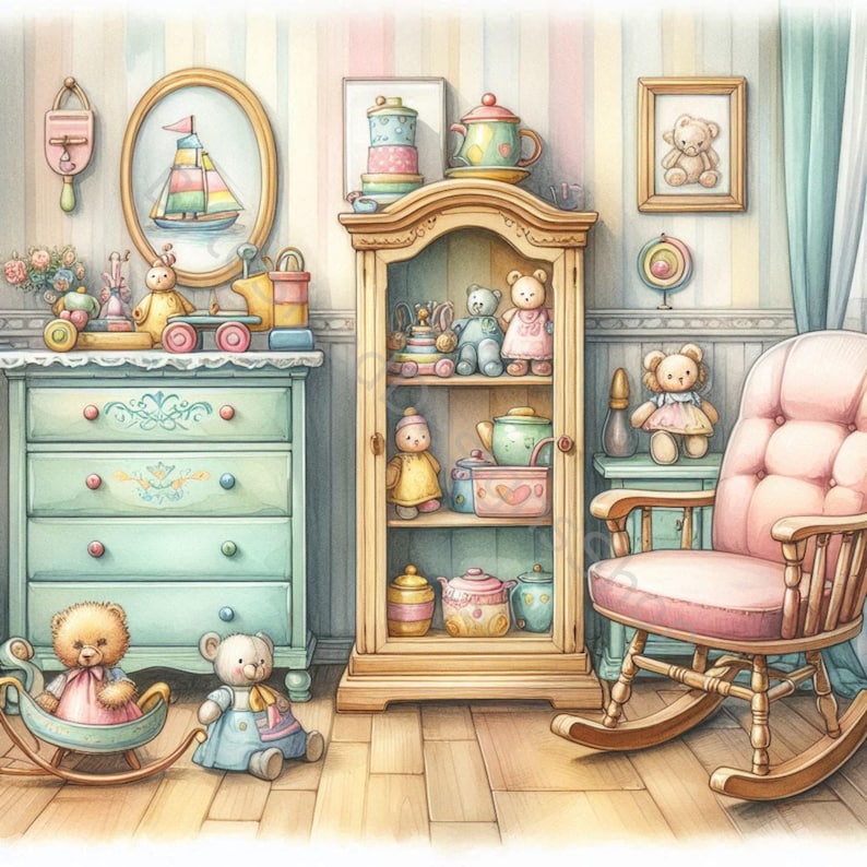 Toy Room Watercolor Clipart: Whimsical Nursery Art (digital Download ...